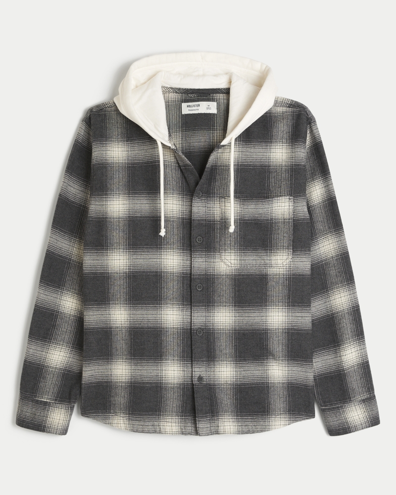 Men s Relaxed Hooded Flannel Shirt Men s Tops HollisterCo