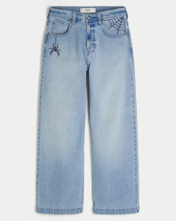 Men's Light Wash Spider Embroidery Super Baggy Jeans | Men's Bottoms ...