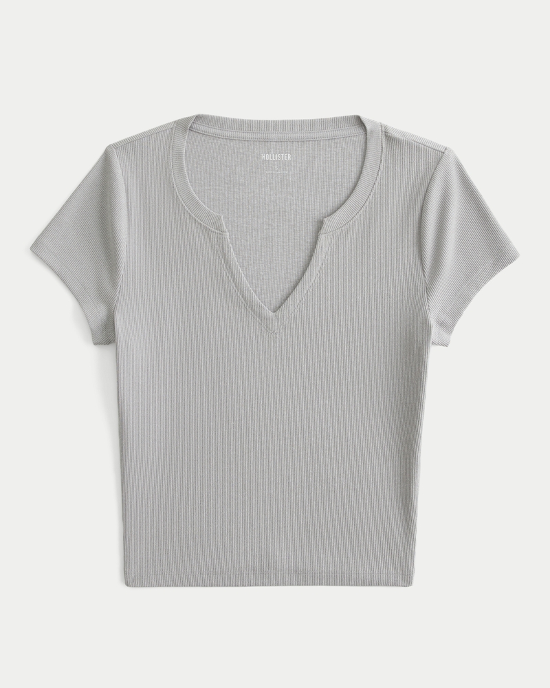 Women's Ribbed Seamless Fabric Notch Neck Baby Tee | Women's Clearance ...