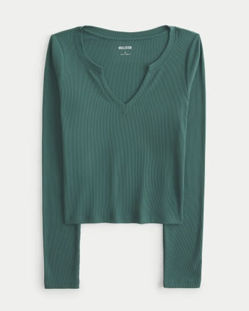 Women's Ribbed Seamless Fabric Notch-Neck Top | Women's Tops ...