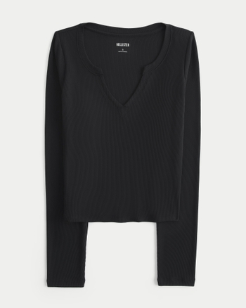 Women's Ribbed Seamless Fabric Notch-Neck Top | Women's Hollister Women ...