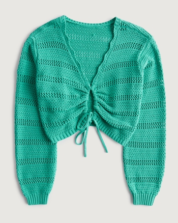 Women's Cinch Front Long-Sleeve Crochet Sweater | Women's Tops ...