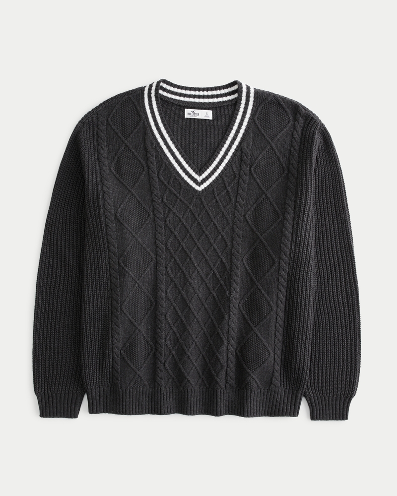 Women's Oversized Tipped Cable-Knit V-Neck Sweater | Women's Tops ...