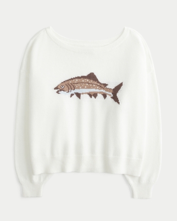 Women's Easy Off-the-Shoulder Fish Graphic Sweater | Women's Tops ...