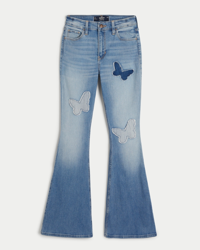 Women's High-Rise Medium Wash Butterfly Patch Flare Jeans | Women's ...