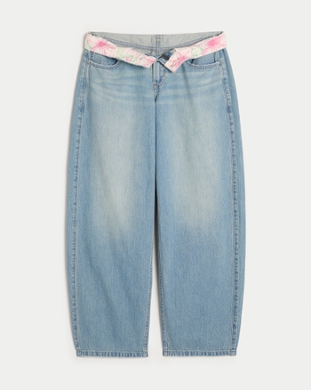 Women's Low-Rise Medium Wash Foldover Waistband Tapered Baggy Jeans ...