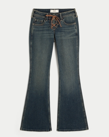 Women's Low-Rise Dark Wash Lace-Up Flare Jeans | Women's Bottoms ...