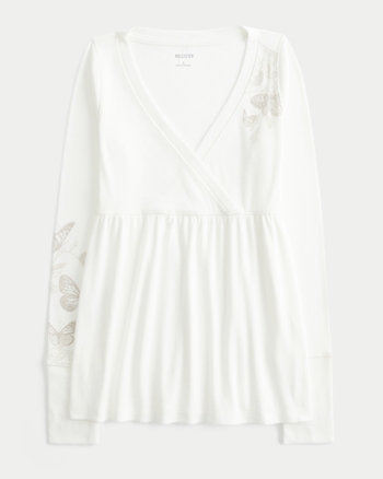Women's Easy Long-Sleeve Butterfly Pattern Babydoll Top | Women's ...
